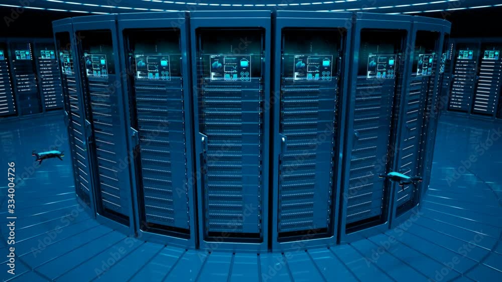 Loopable animation with working drone scanning servers in a dark hall ...