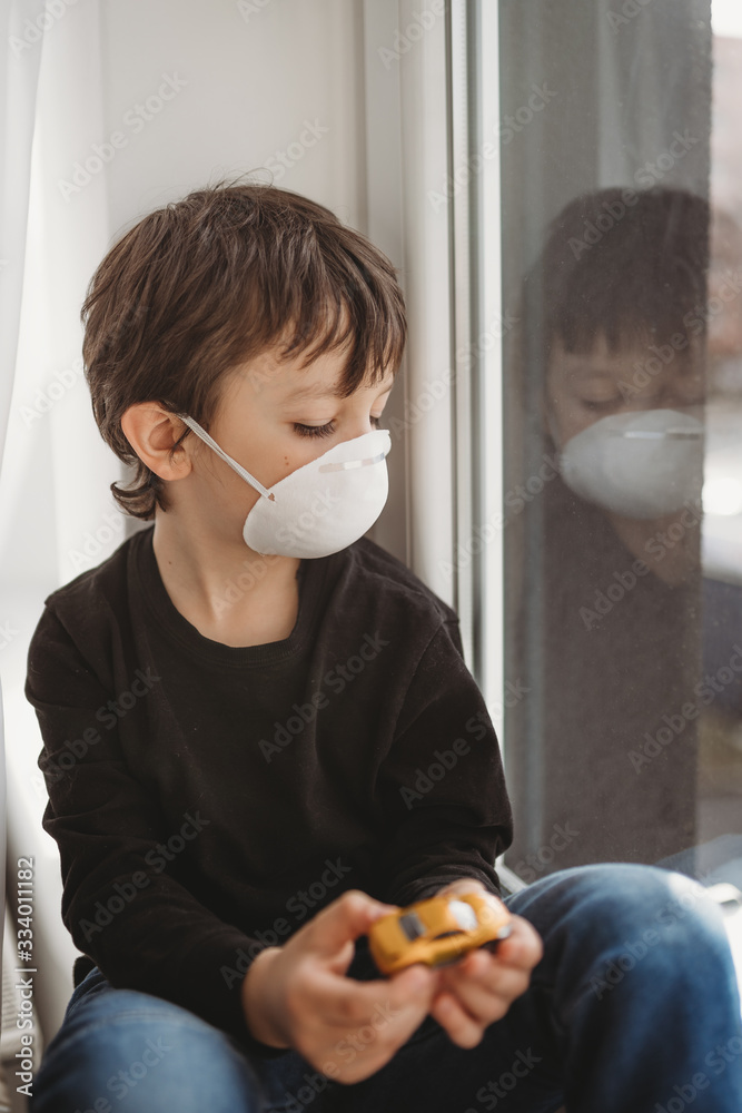 cute little upset sad boy in quarantine covid 19 2020 corona outbreak ...