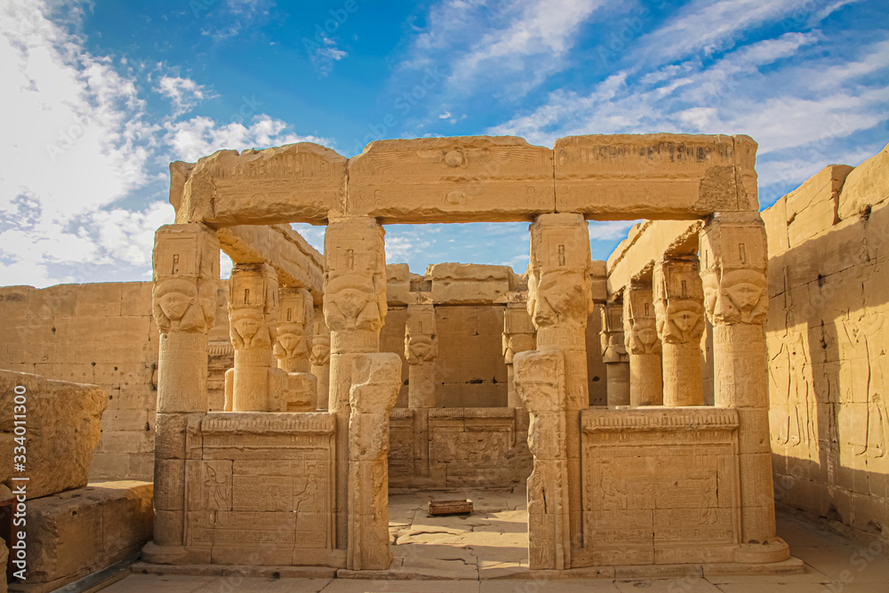 The ruins of the beautiful ancient temple of Dendera or Hathor Temple ...