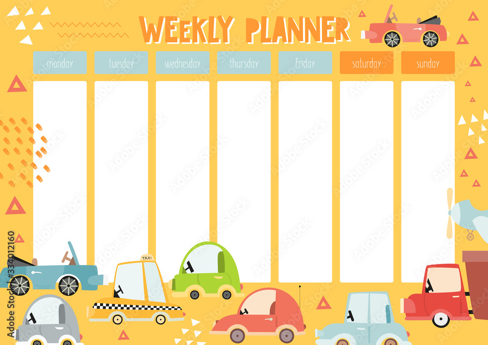Weekly planner with Kids transport collection in doodle cartoon style ...