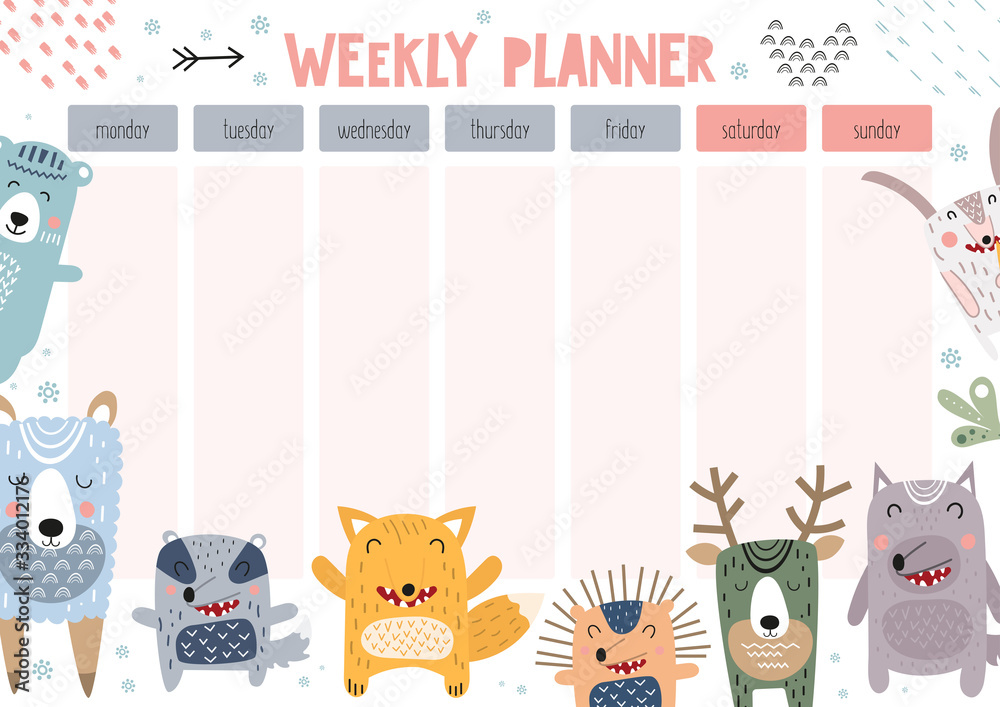 Weekly planner with scandinavian forest animals in doodle cartoon style ...