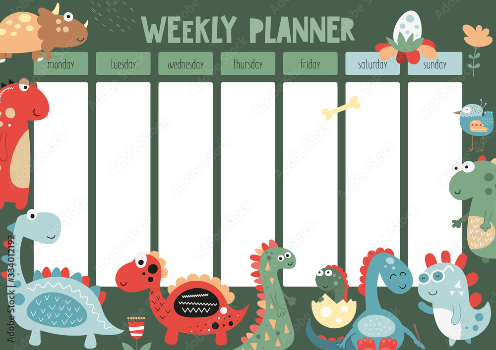 Weekly planner with cute dinosaurs in doodle cartoon style. Kids ...