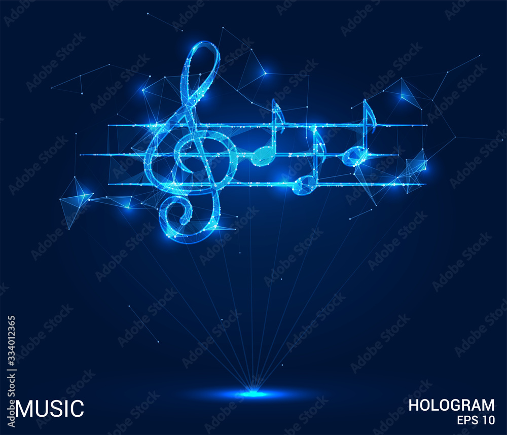 Hologram music. Treble clef and notes from polygons, triangles, points ...