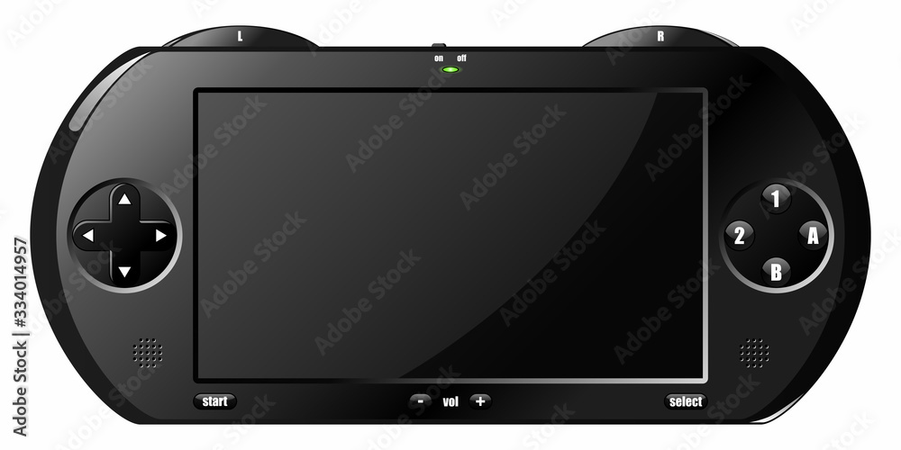 Realistic black portable gaming console with a blank screen. Can ...