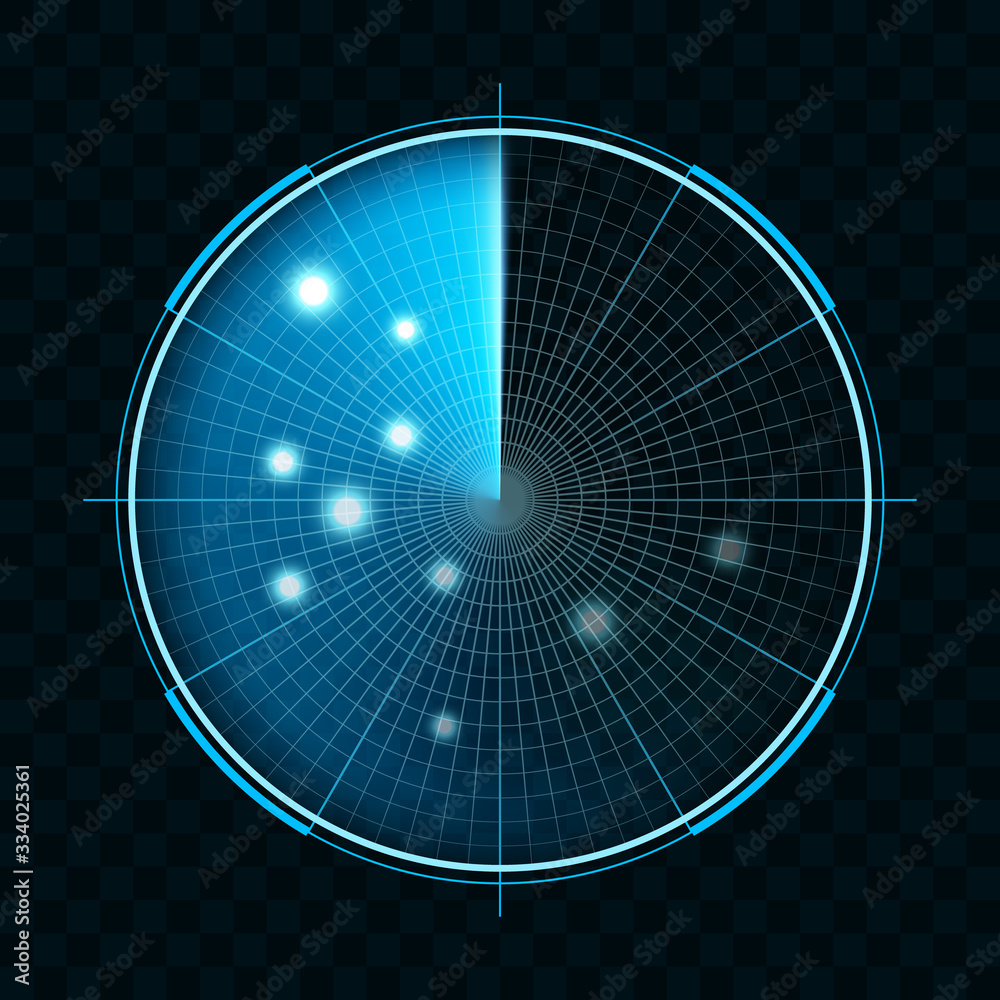 Radar isolated on dark background. Military search system. HUD radar ...