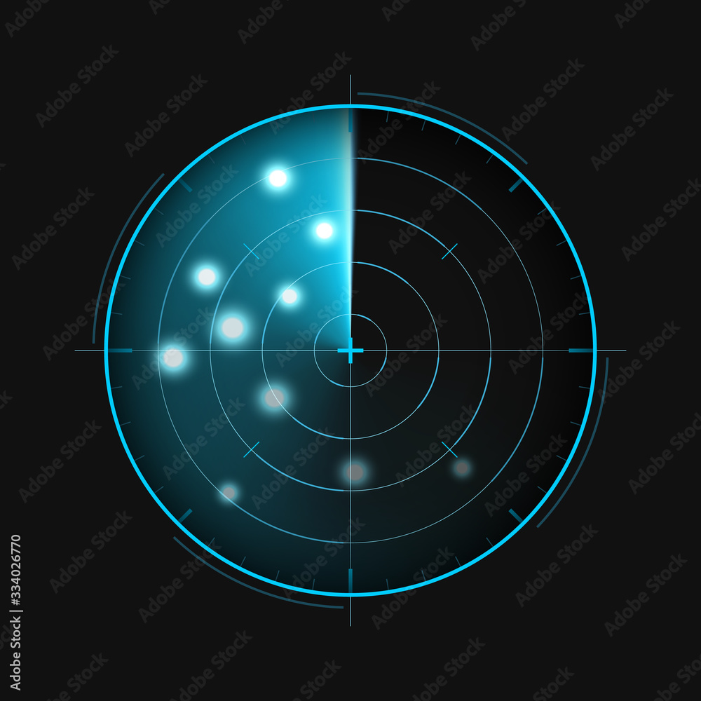 Radar isolated on dark background. Military search system. HUD radar ...