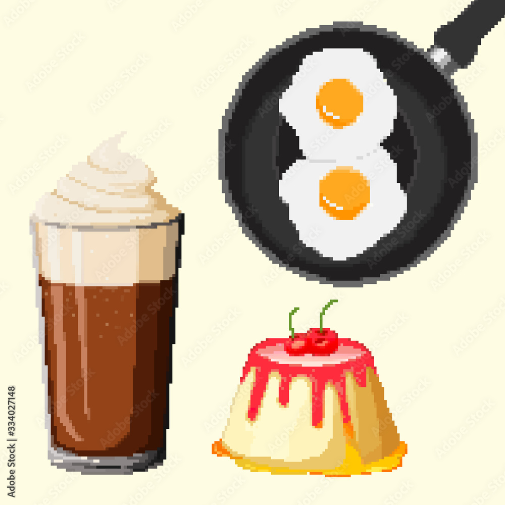 Set of cartoon pixel food: eggs, avocado, coffee, cakes, hamburger ...