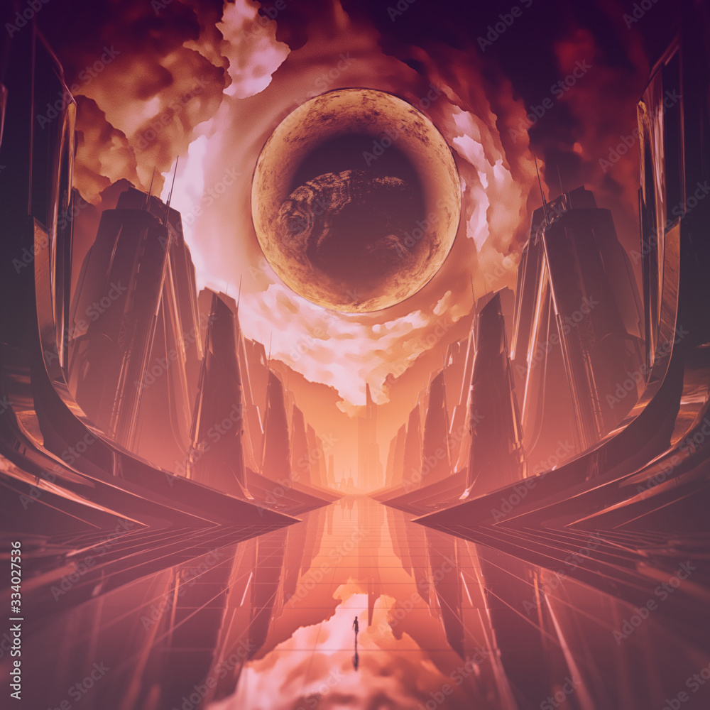 strange futuristic environment with black sun in the spooky and ...