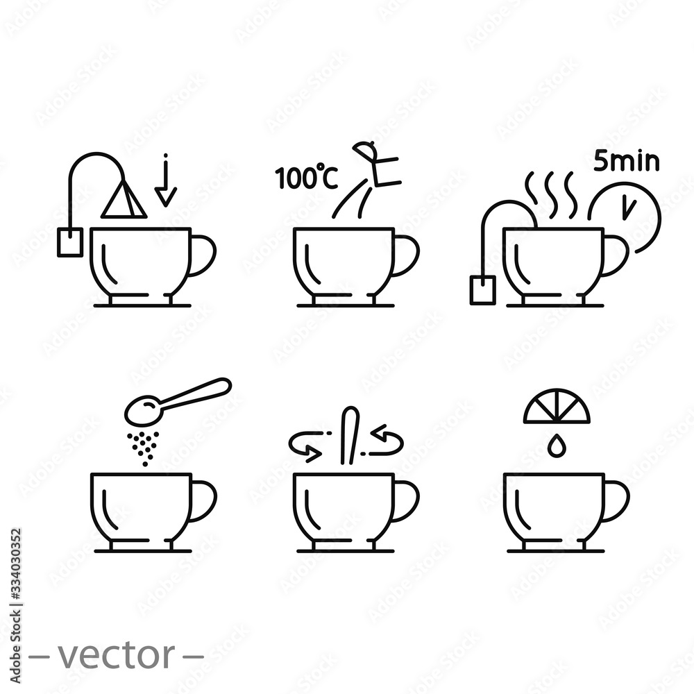 tea preparation instruction icon set, process cooking hot drink, making ...