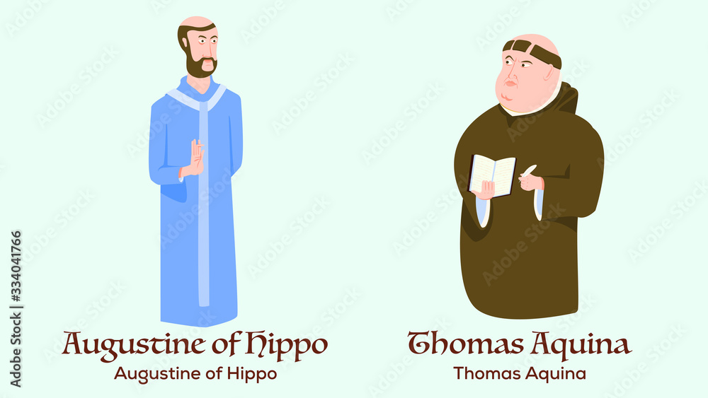 Cartoon characters of philosophers Augustine of Hippo and Thomas Aquino ...