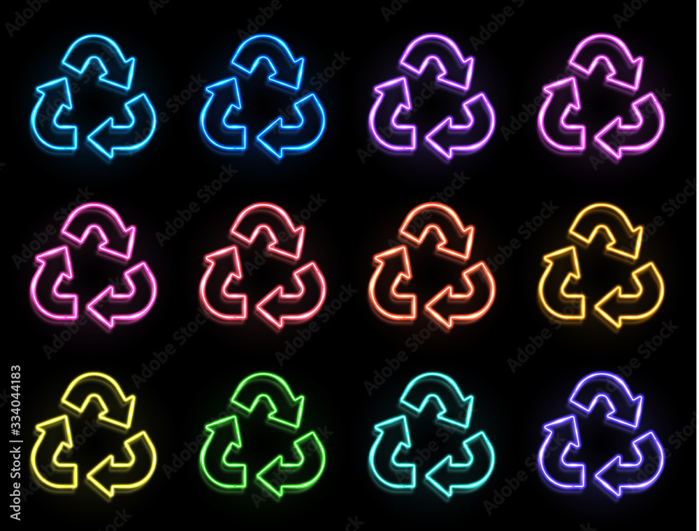 Color neon triangle recycle symbol set isolated on black background ...