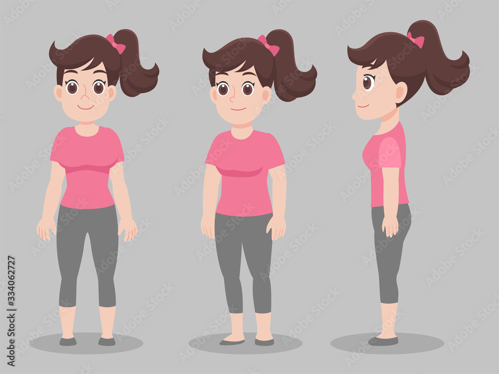 Set of Character Woman cartoon concept character pose front side turn ...