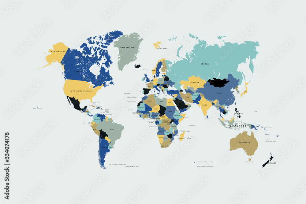 Coloured world map. colourful world countries and countries names ...