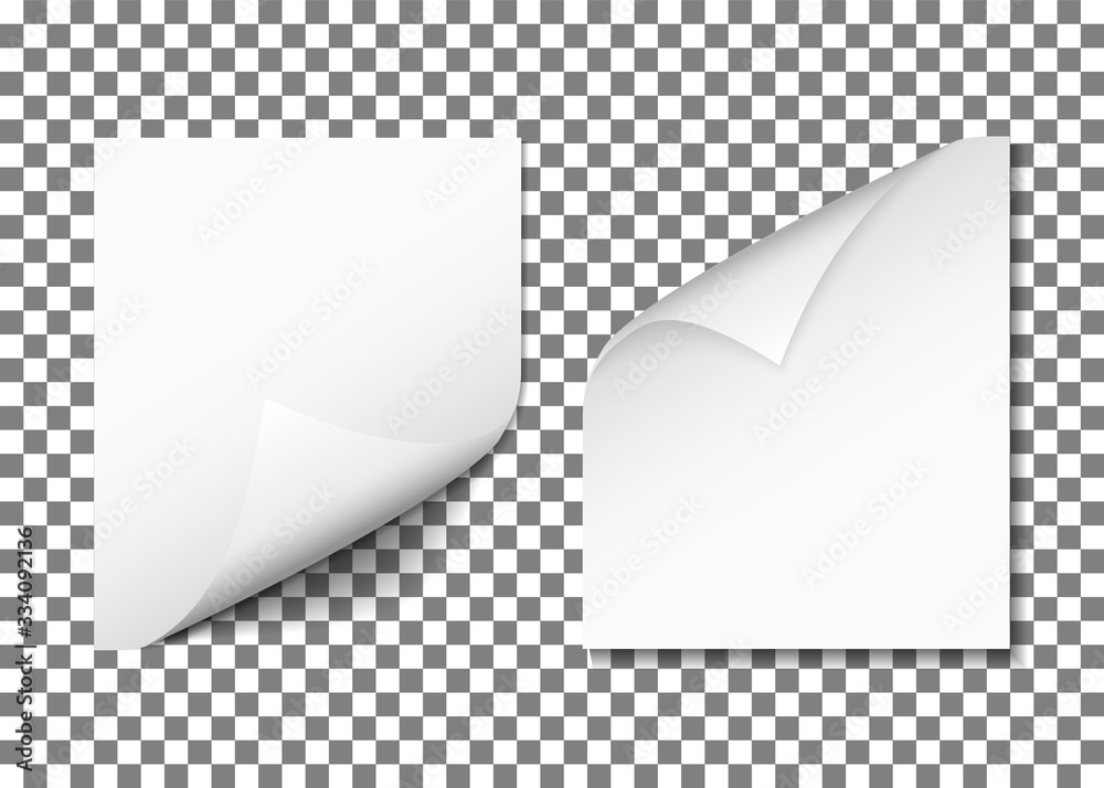 Paper urled page corner. Blank sheet paper with fold. White sticker ...