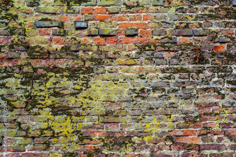 Old brick wall crumbling from old age with crumbling bricks and a ...