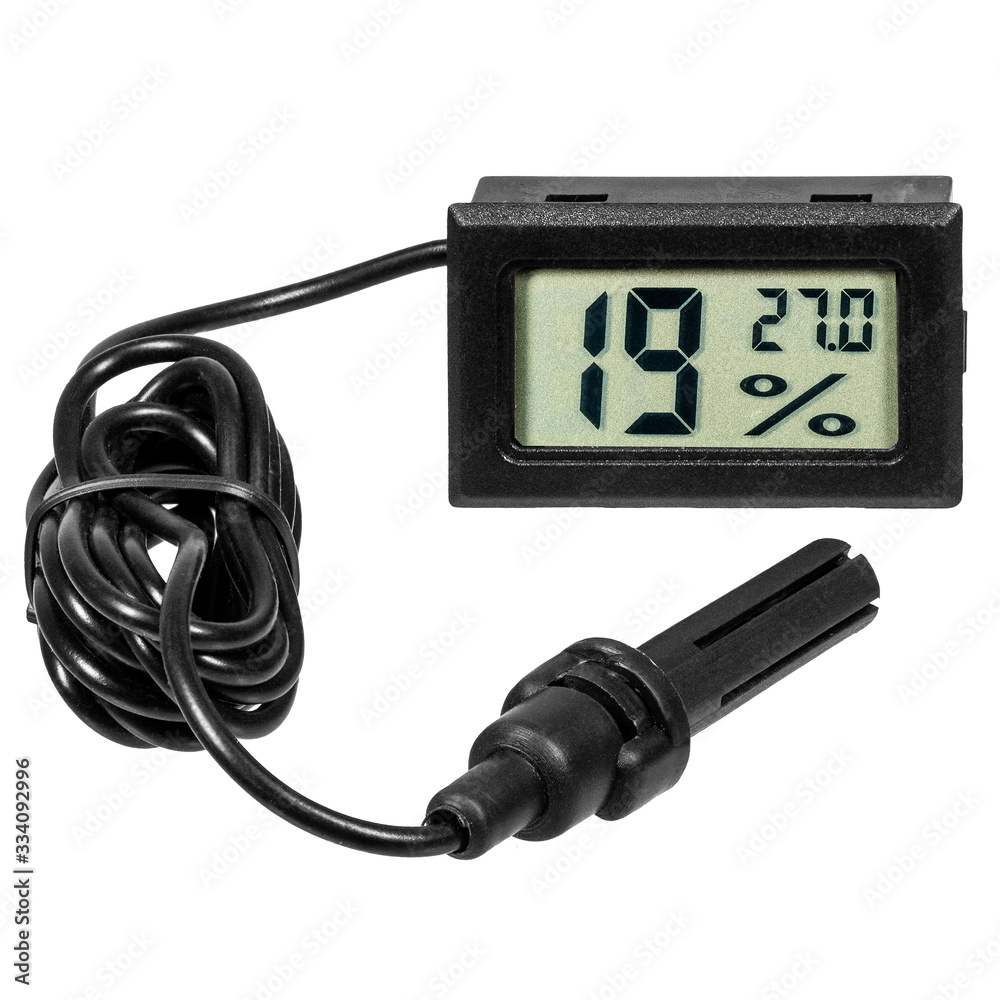 Digital thermo-hygrometer with numbers on the LCD and wires with an ...