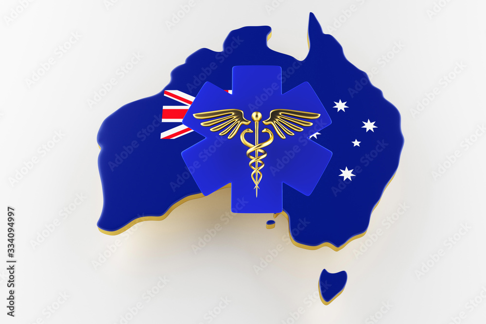 Caduceus sign with snakes on a medical star. Map of Australia land ...