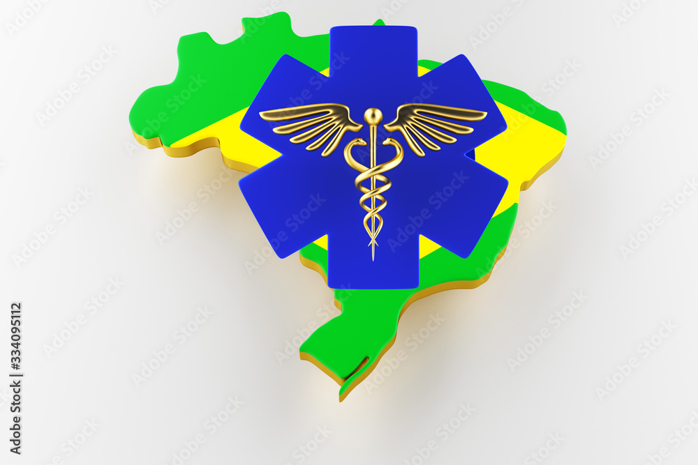 Caduceus sign with snakes on a medical star. Map of Brazil land border ...