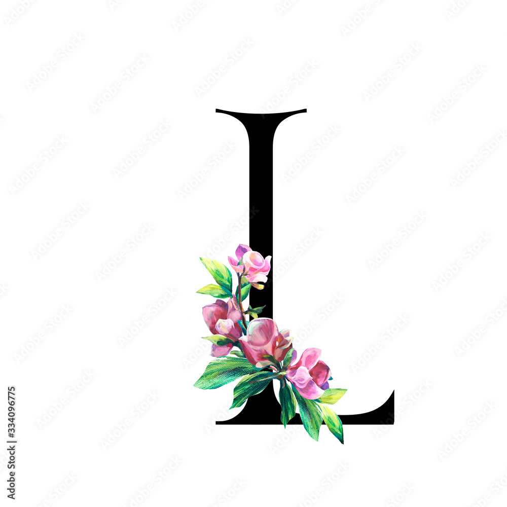 Floral Letter with hand painted pink flowers and leaves. . Elegant ...