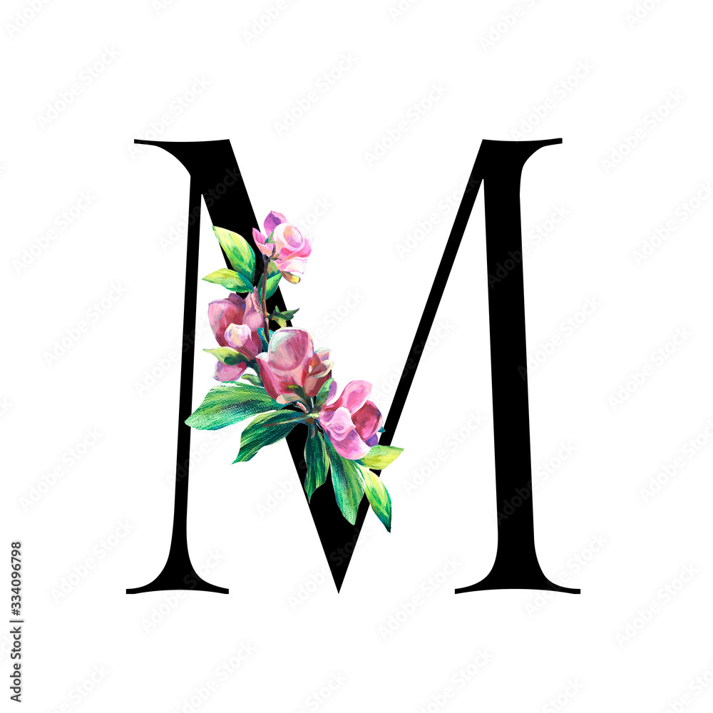 Floral Letter with hand painted pink flowers and leaves. . Elegant ...