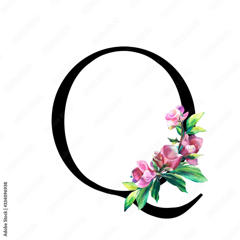 Floral Letter with hand painted pink flowers and leaves. . Elegant ...