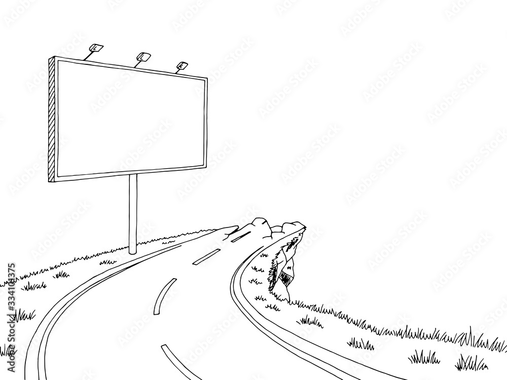 Cliff destroyed road billboard graphic black white landscape sketch ...