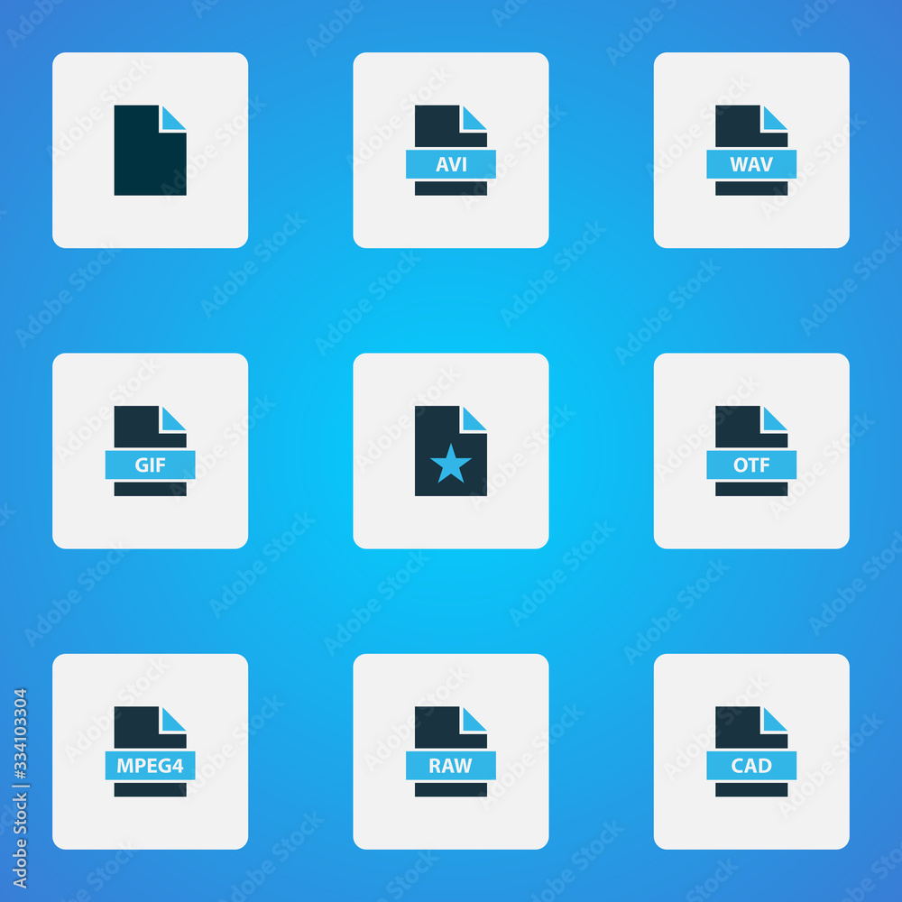Types icons colored set with mpeg4 file, document, file otf and other ...