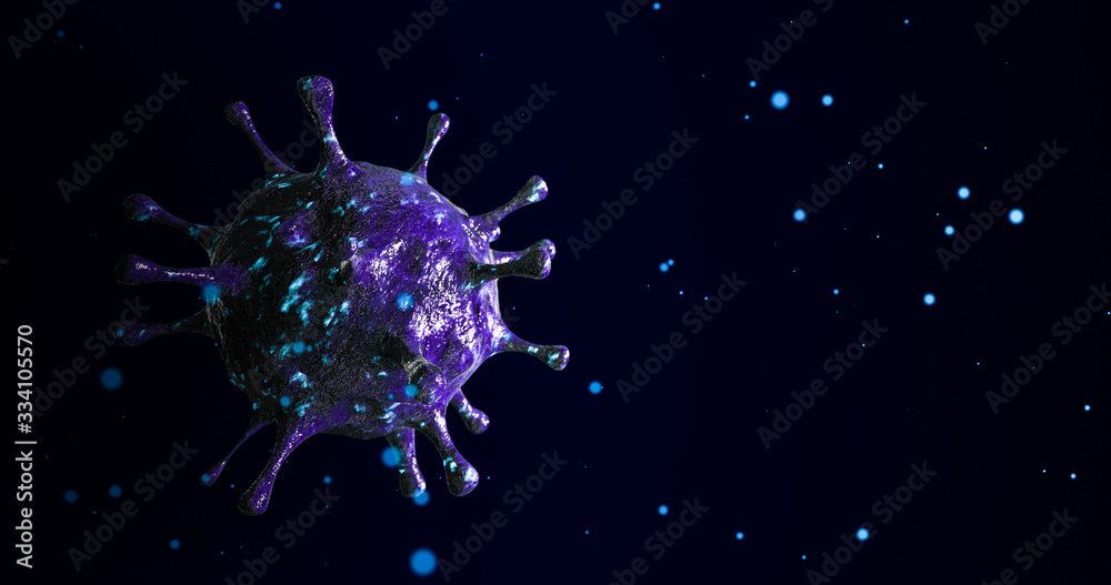 Virus cells of coronavirus 2019-nCov in blood vessel as azure color cells on blue background. 3D ...