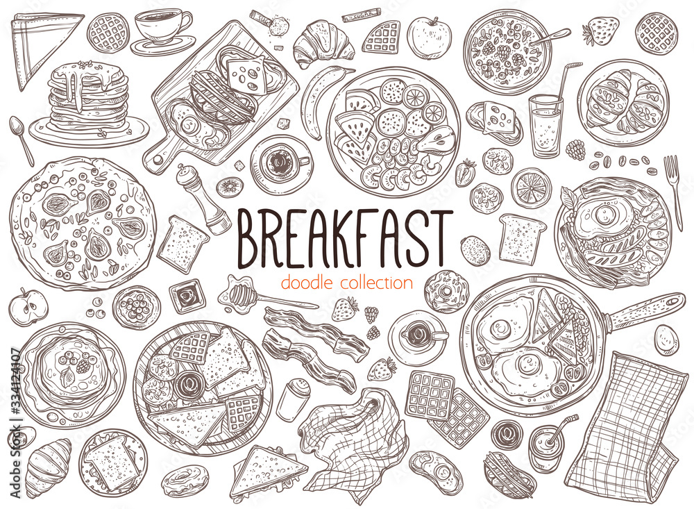 Set of doodle breakfast food and good morning elements and icons ...