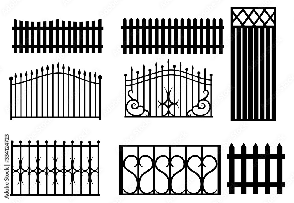 Set of silhouette fence. Collection of different types of fences wooden ...