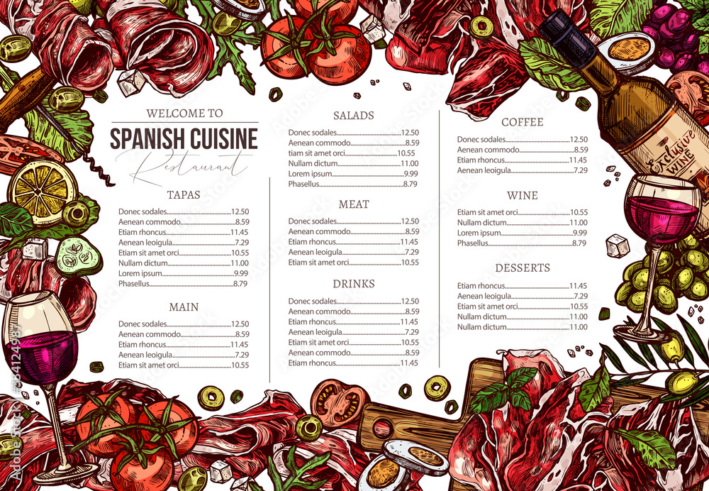 Vector sketch colorful spanish cuisine food background. Design and ...