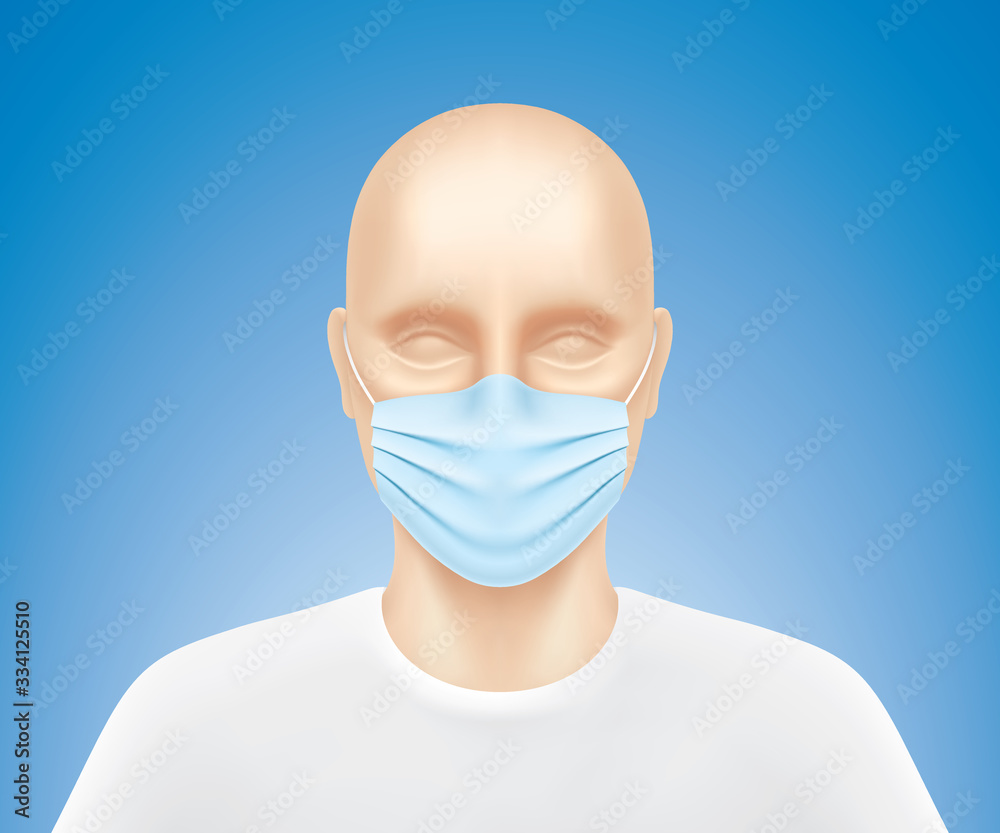 Human model with blue medical face mask, standing on a blue background ...