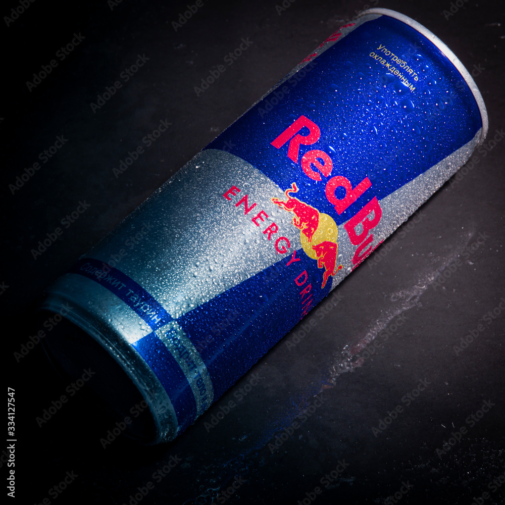 Sankt-Petersburg, Russia - December 25, 2018: Aluminum can of RedBull ...