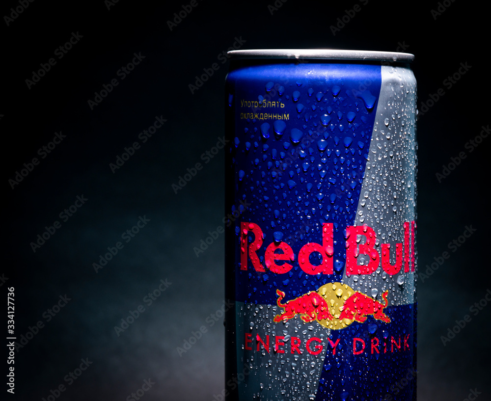 Sankt-Petersburg, Russia - December 25, 2018: Aluminum can of RedBull ...