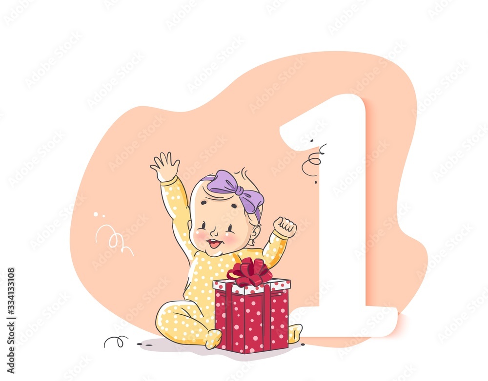 Cute Little Baby Girl Celebrating Her First Birthday. Vector ...