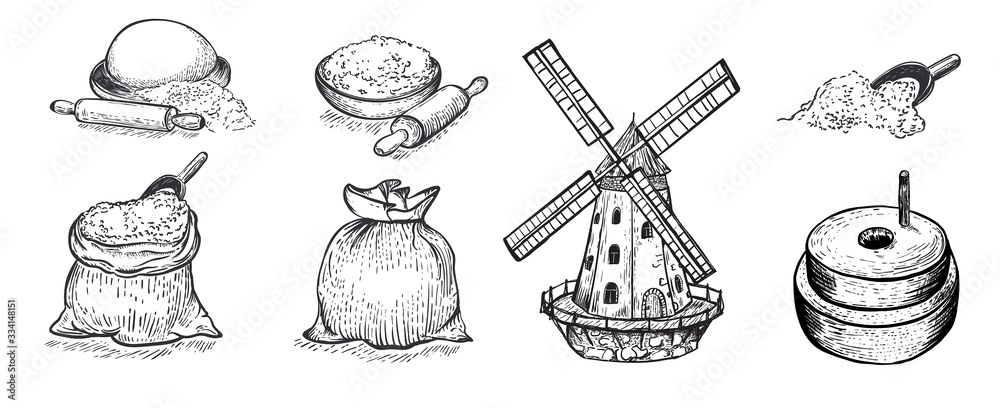 Set of flour, hand mill, windmill, wheat, grain, ingredients. Hand ...