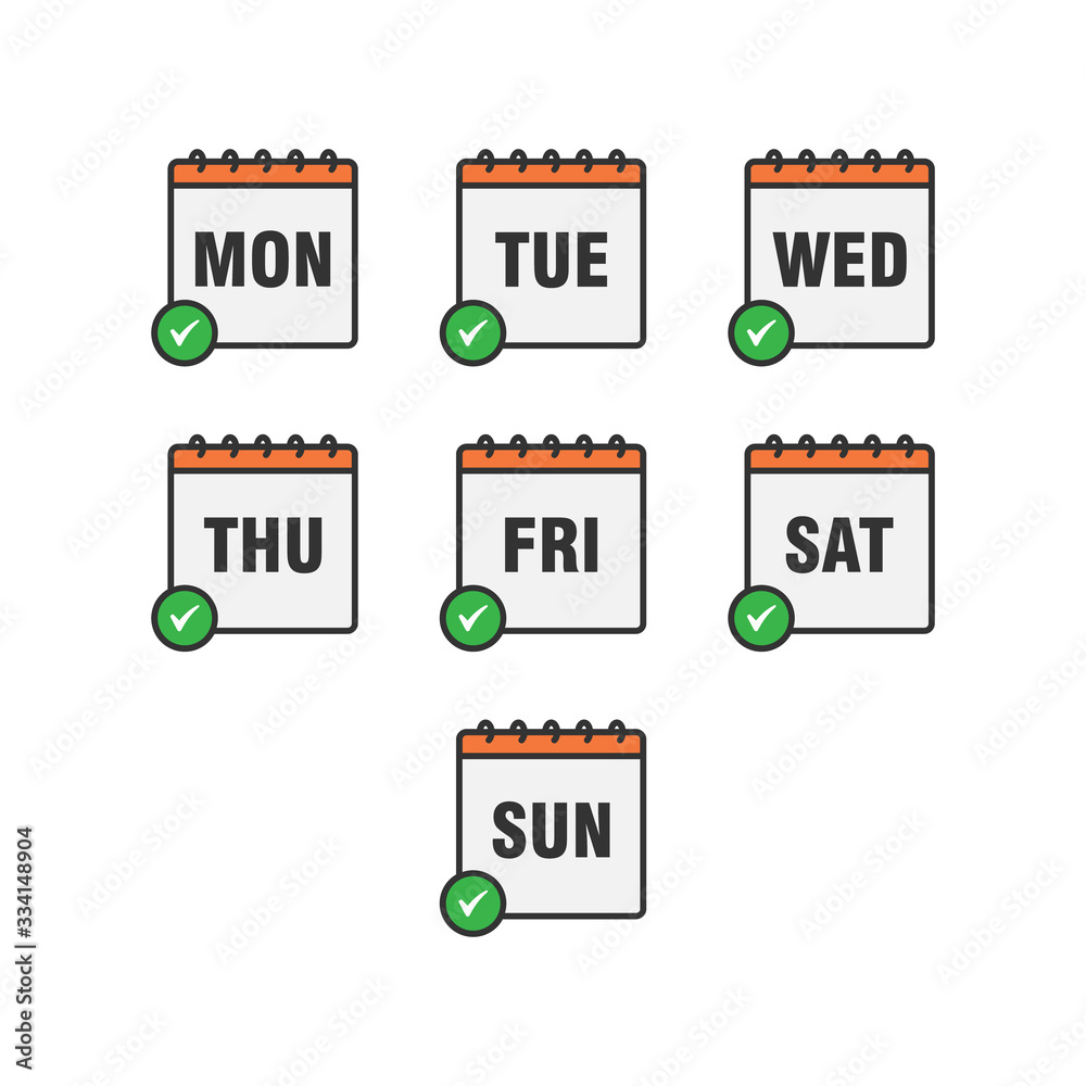 Days of the week icon set. Daily calendar flat design isolated on white ...