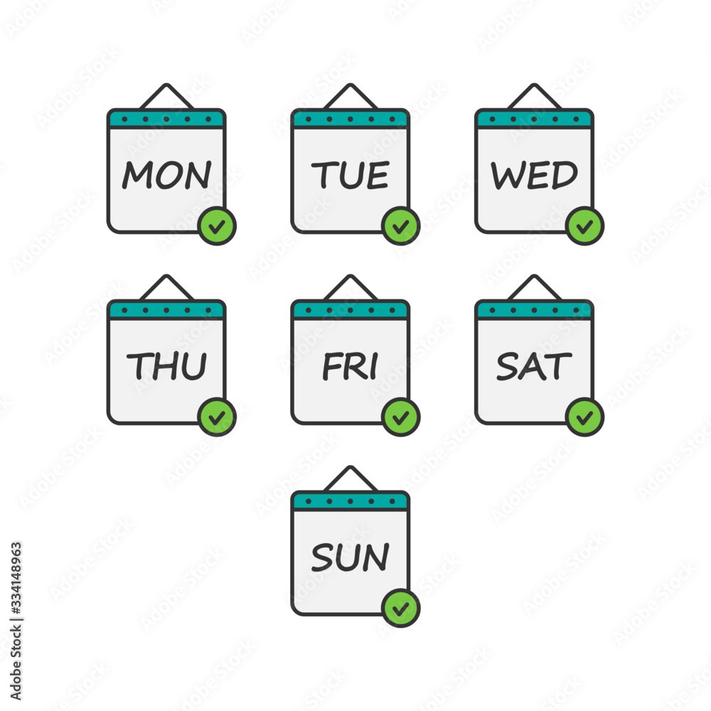 Days of the week icon set. Daily calendar flat design isolated on white background. Vector ...