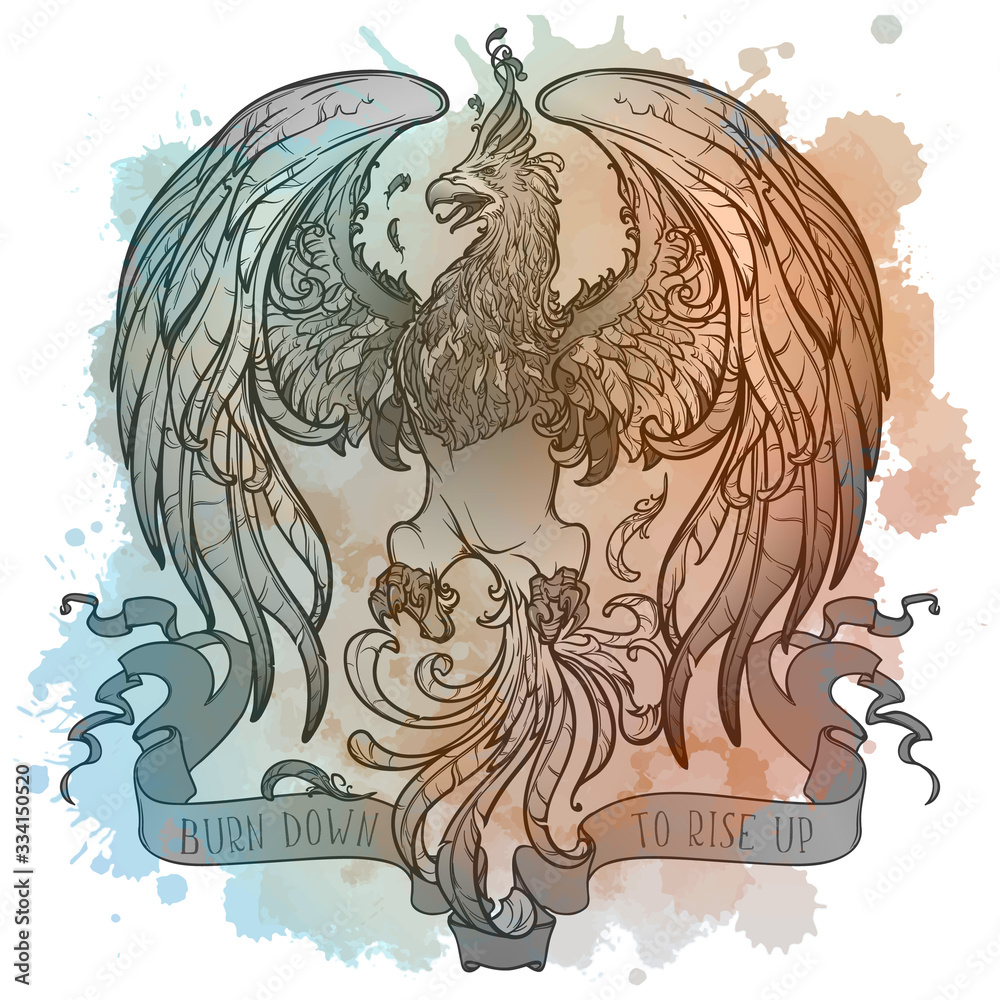 Colourfull and intricate drawing of the legendary Phoenix bird with a ...