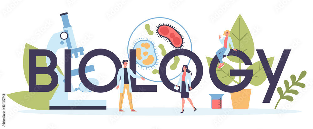 Biology science web header. People with microscope make laboratory ...