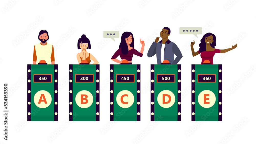 People on the TV quiz show. Man with the biggest score answering Stock ...