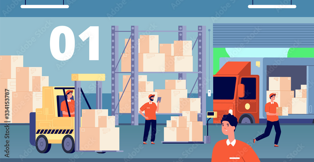 Warehouse interior. Large storage, people inside storehouse. Cargo ...