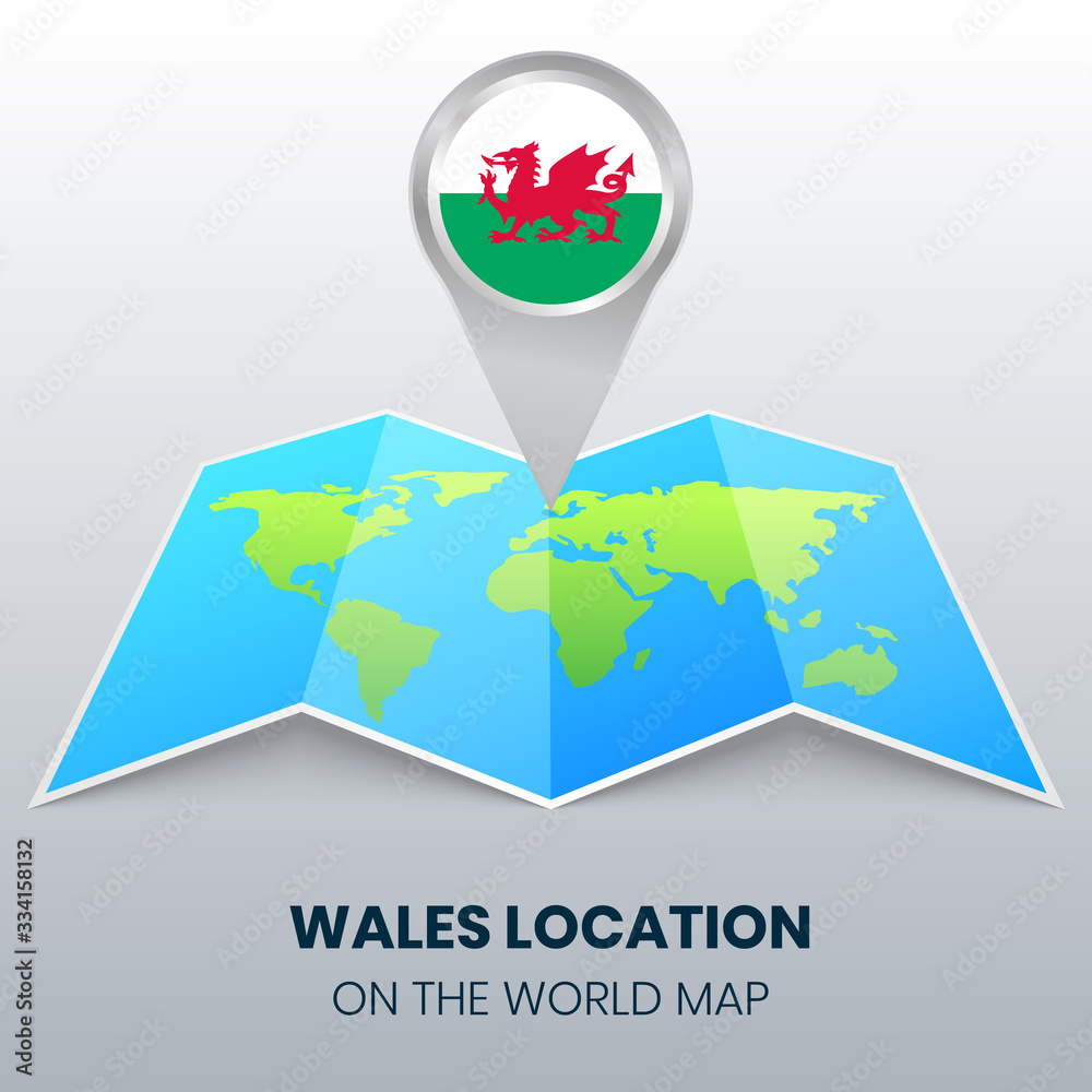 Location Icon Of Wales On The World Map, Round Pin Icon Of Wales Stock ...