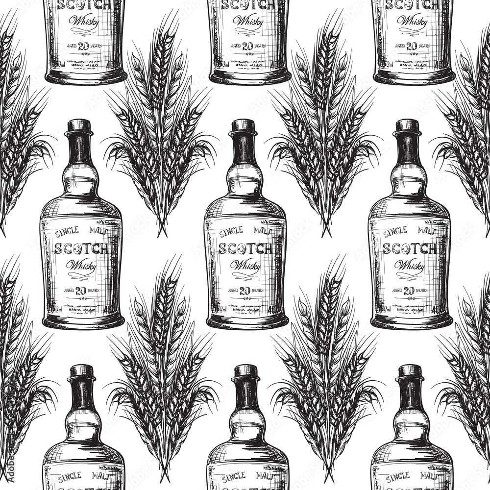 Whiskey making process from grain to bottle. Scotch whiskey bottle with ...