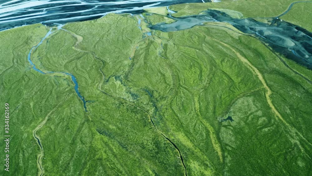 Stunning aerial view of Glacier River Delta. Drone view of glacial ...
