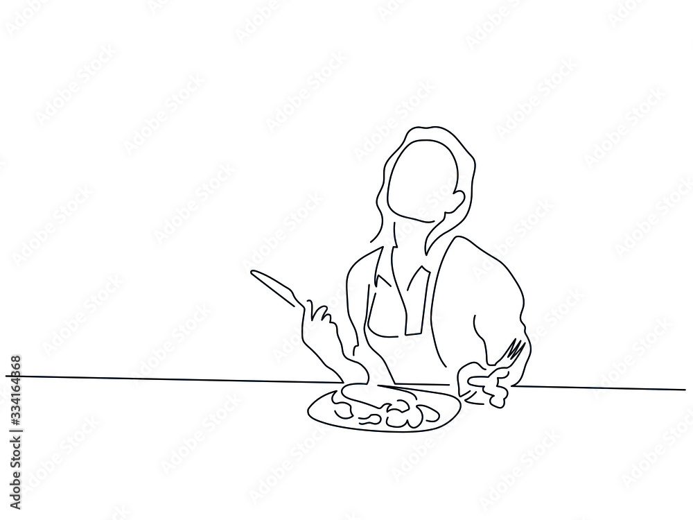 Woman eating isolated line drawing, illustration design. Food ...