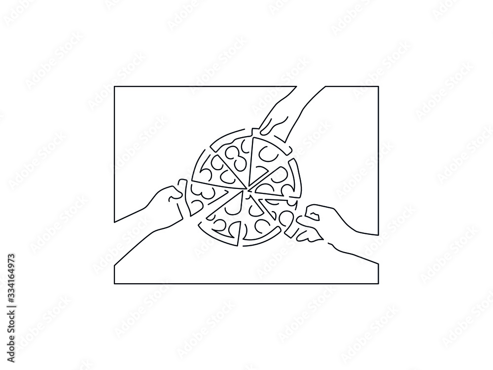 People eating pizza isolated line drawing, vector illustration design ...