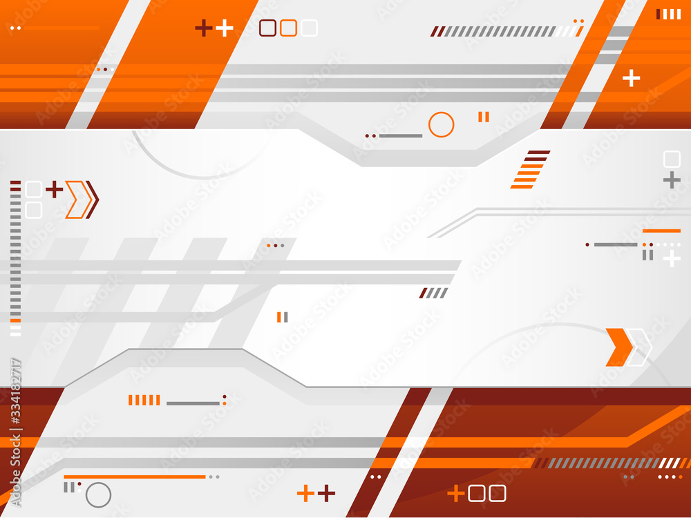 Dynamic white and orange technology background with dynamic abstract technology shapes (arrows ...