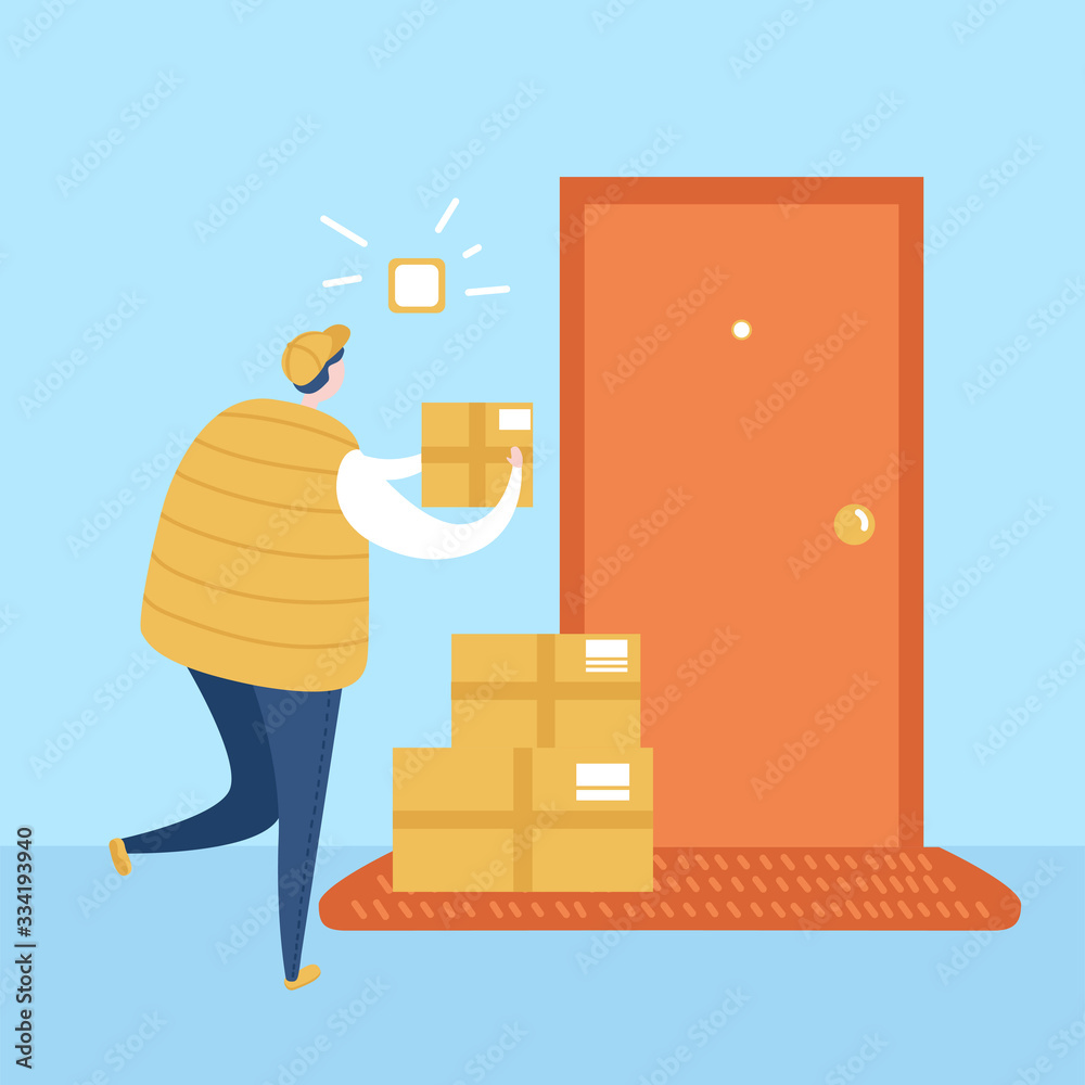Vector illustration No contact delivery. Deliver man brings the boxes ...