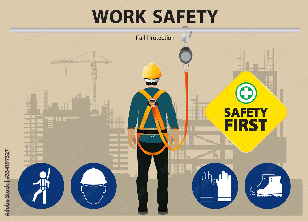 Fall Protection, Construction worker safety first, vector design Stock ...